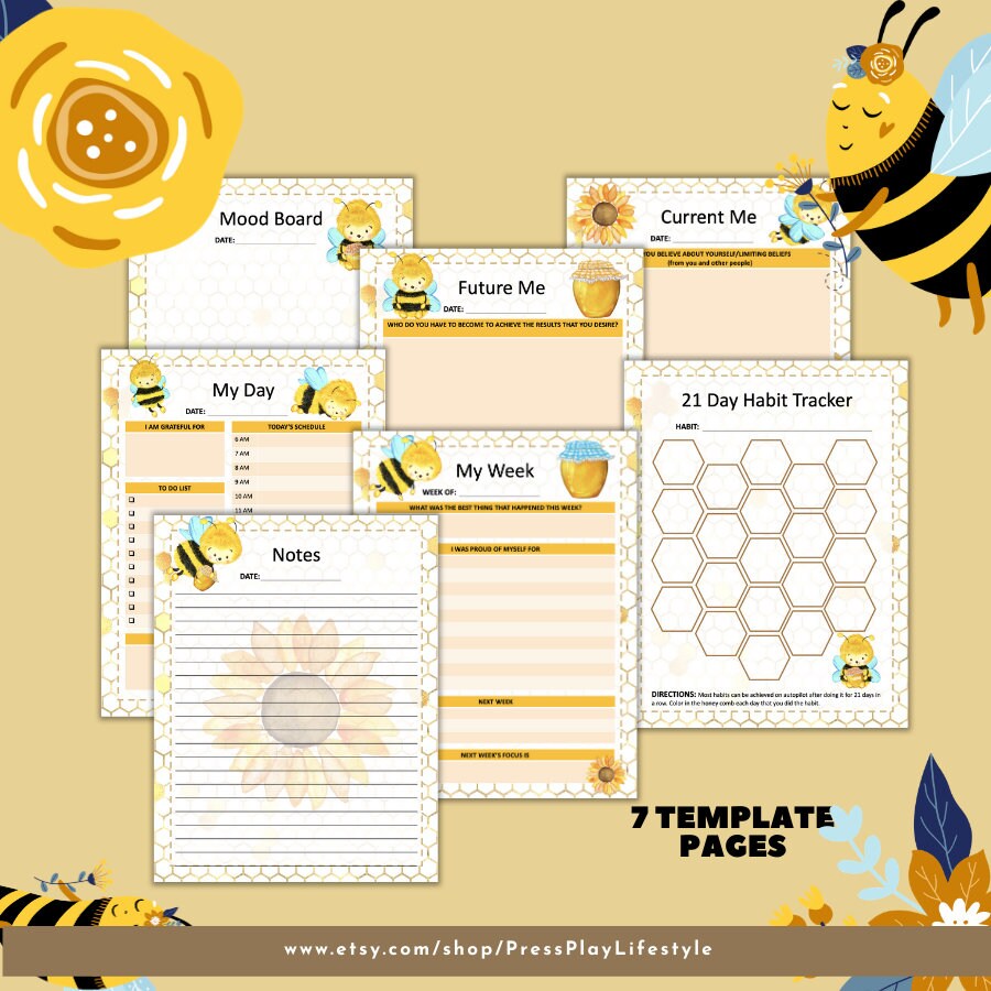 Bee Positive PLANNER BUNDLE, Daily, Weekly, Monthly, Habit, Mood ...