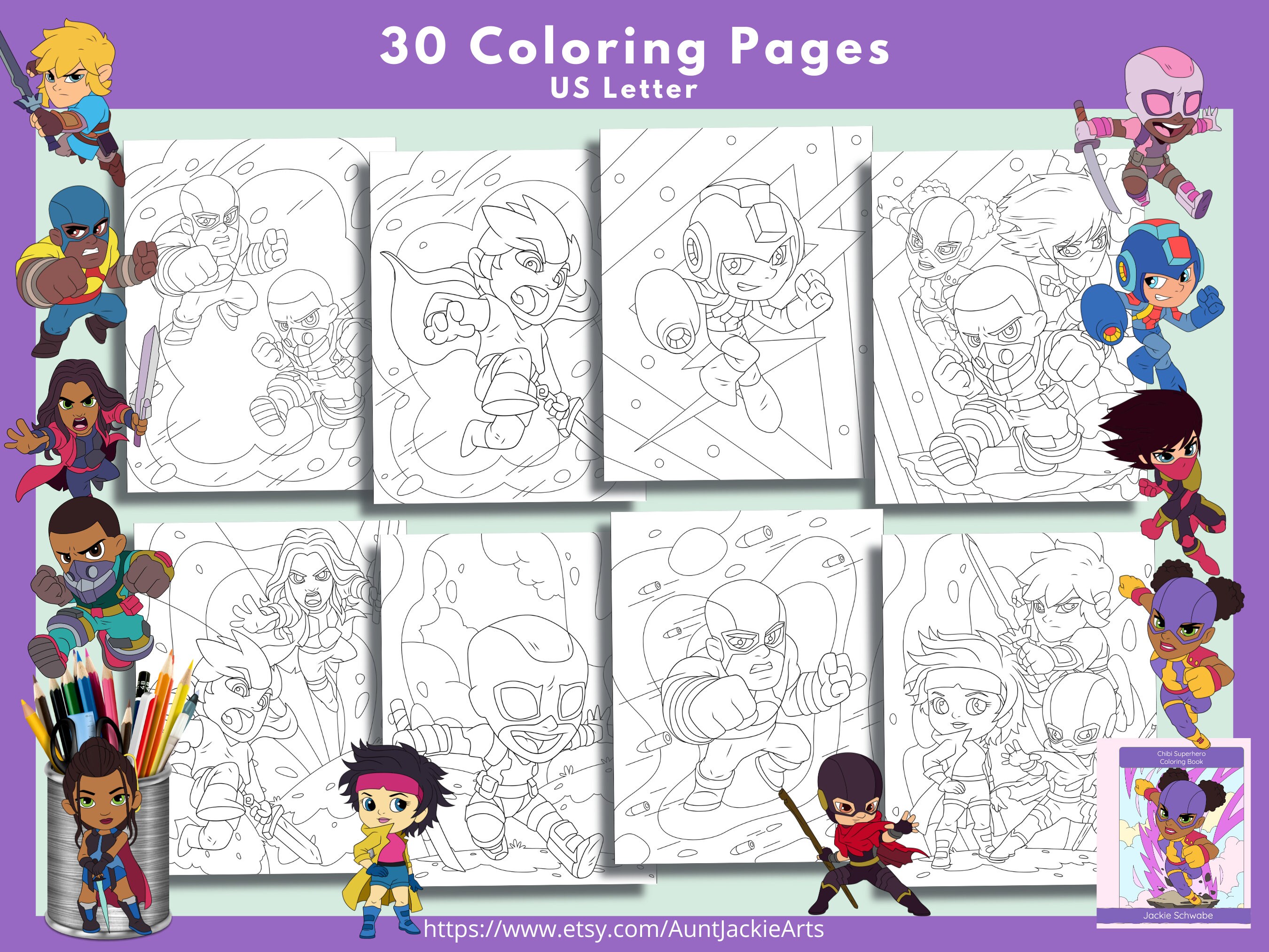 PRINTABLE Coloring Pages Chibi Superhero Coloring Book, 34 Pages, Chibi ...