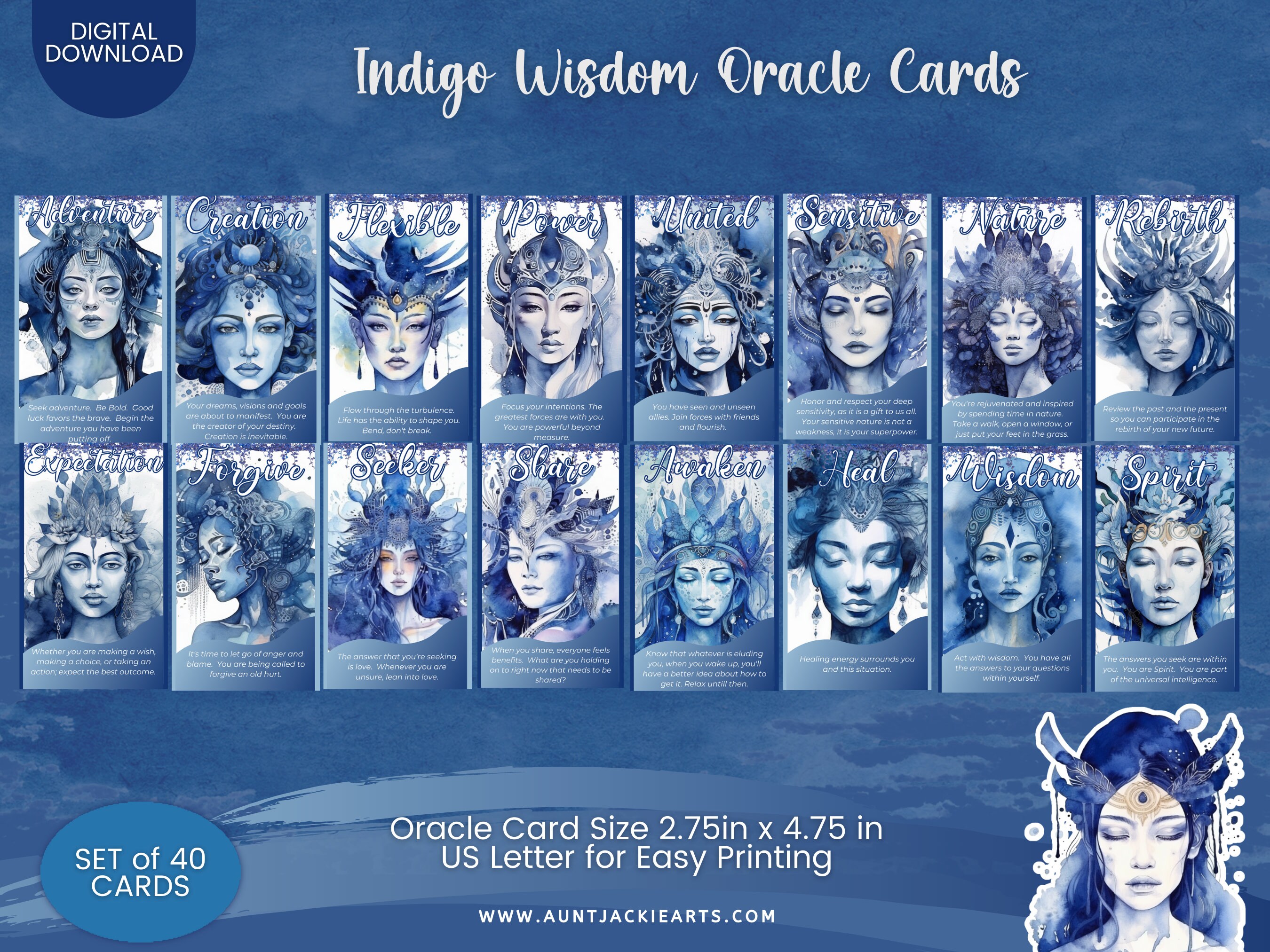 PRINTABLE CARD Deck, Spiritual Women, Indigo, Wisdom, Oracle Cards ...