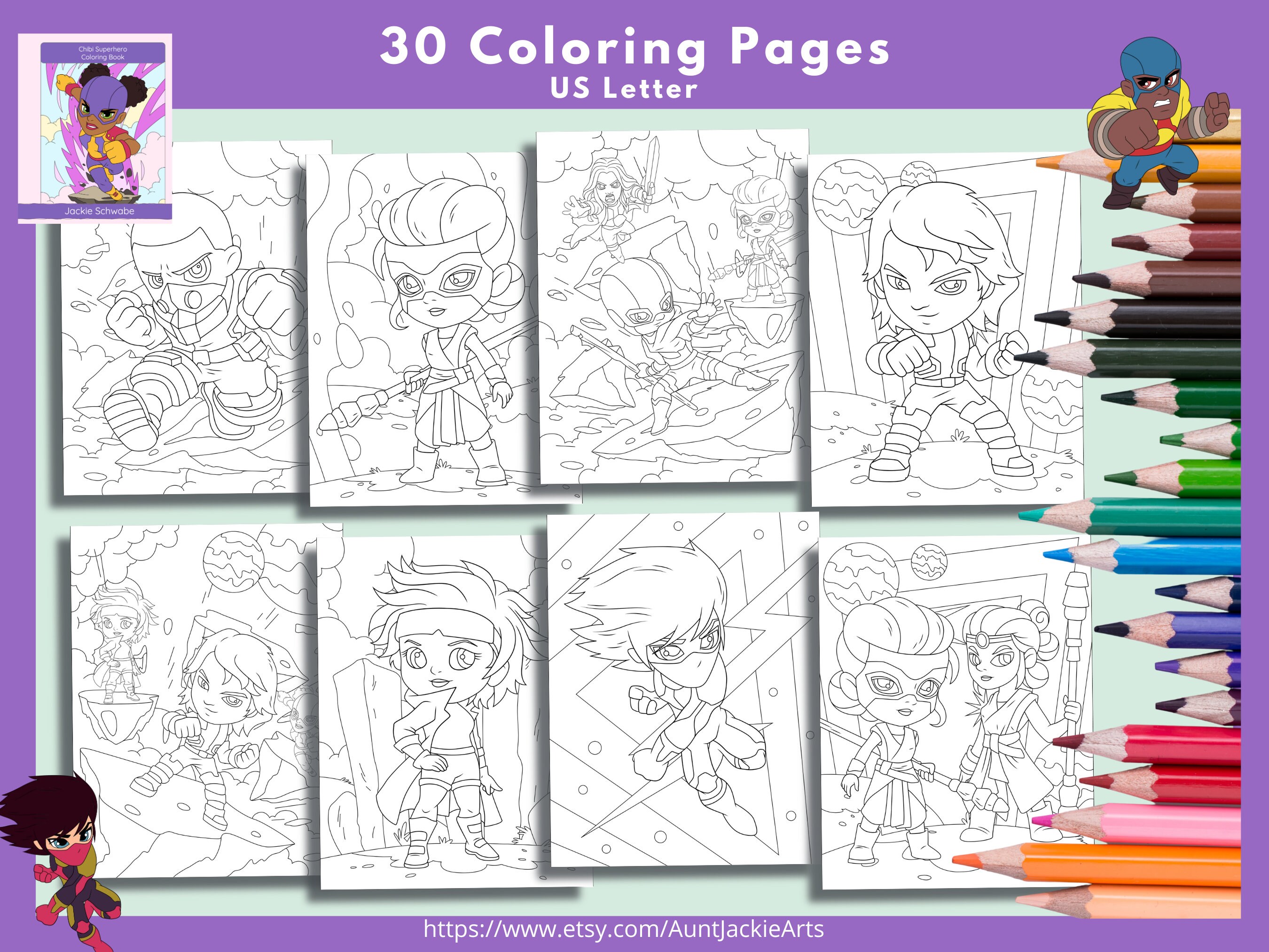 PRINTABLE Coloring Pages Chibi Superhero Coloring Book, 34 Pages, Chibi ...