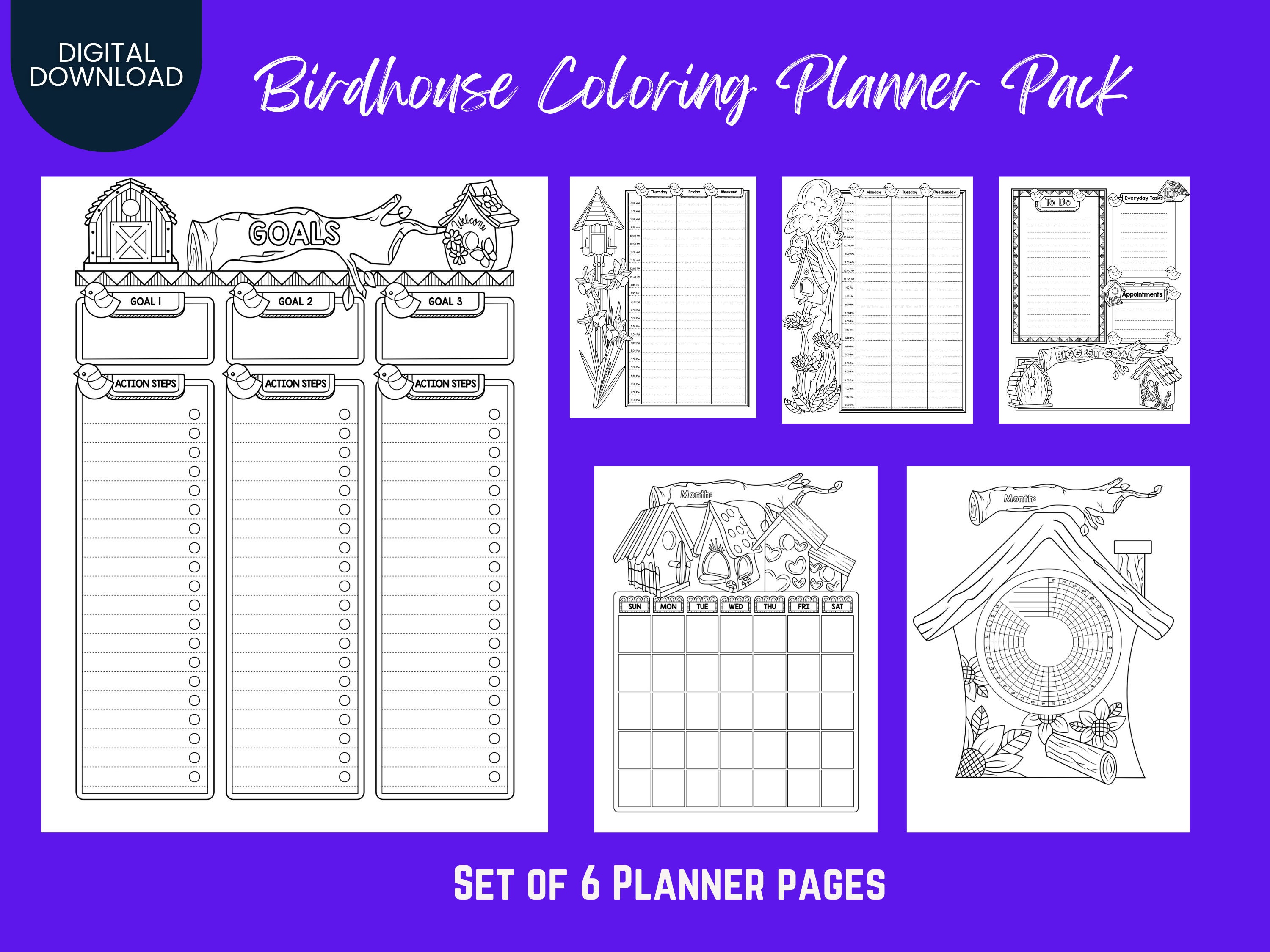 Birdhouse-themed Coloring Planner, Monthly Planner, Weekly Planner ...