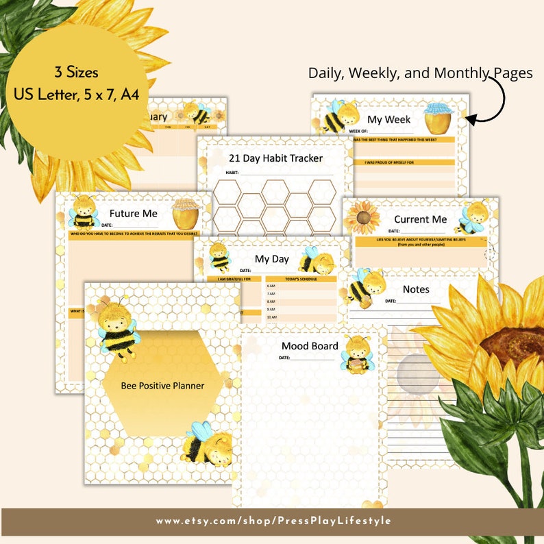 Bee Positive PLANNER BUNDLE, Daily, Weekly, Monthly, Habit, Mood ...