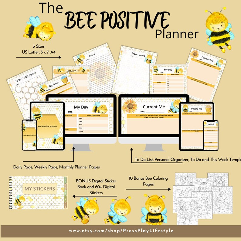 Bee Positive PLANNER BUNDLE, Daily, Weekly, Monthly, Habit, Mood ...