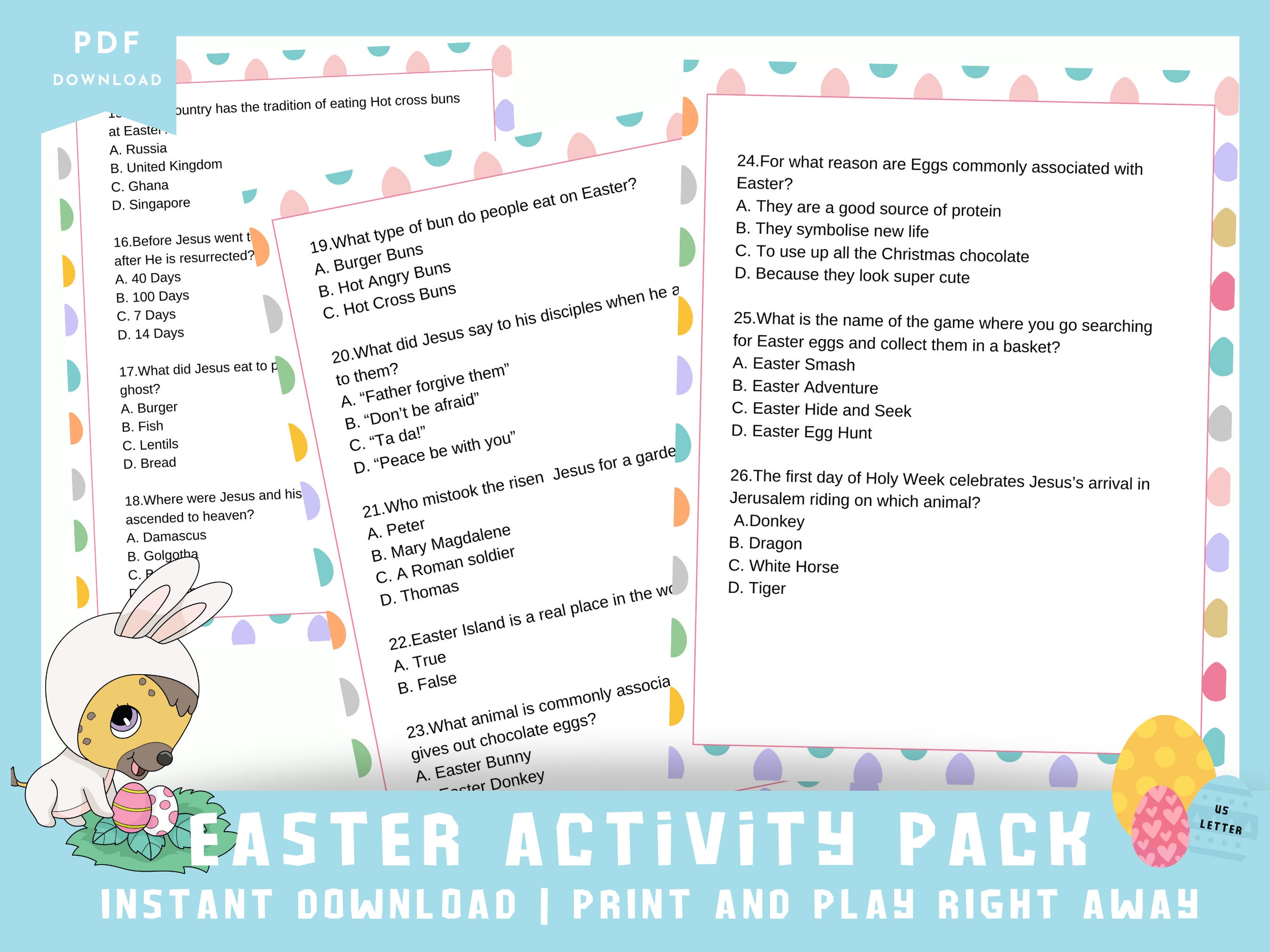 Easter Activity Sheet Set, Printable Activity Pages, Easter Trivia ...