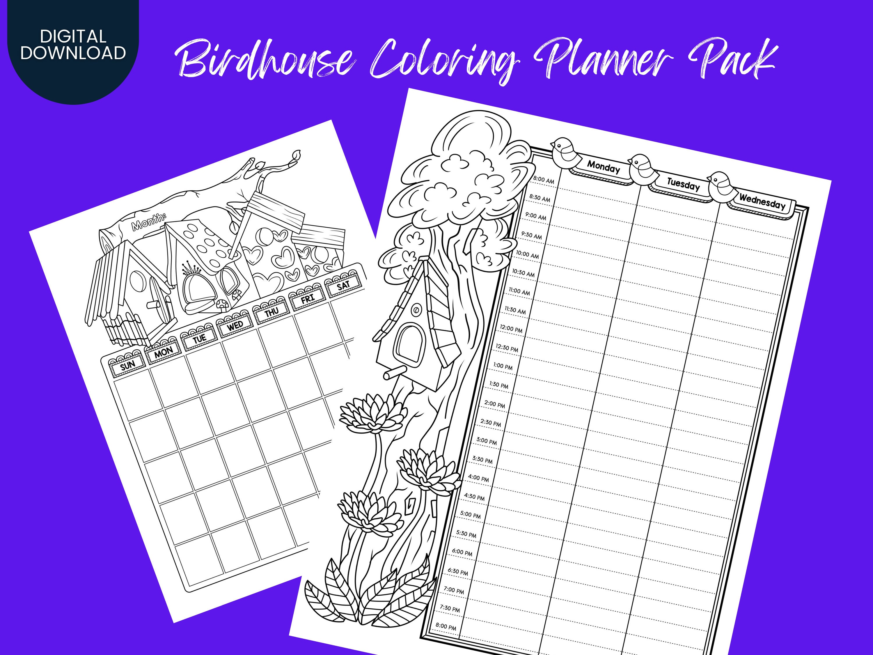 Birdhouse-themed Coloring Planner, Monthly Planner, Weekly Planner ...