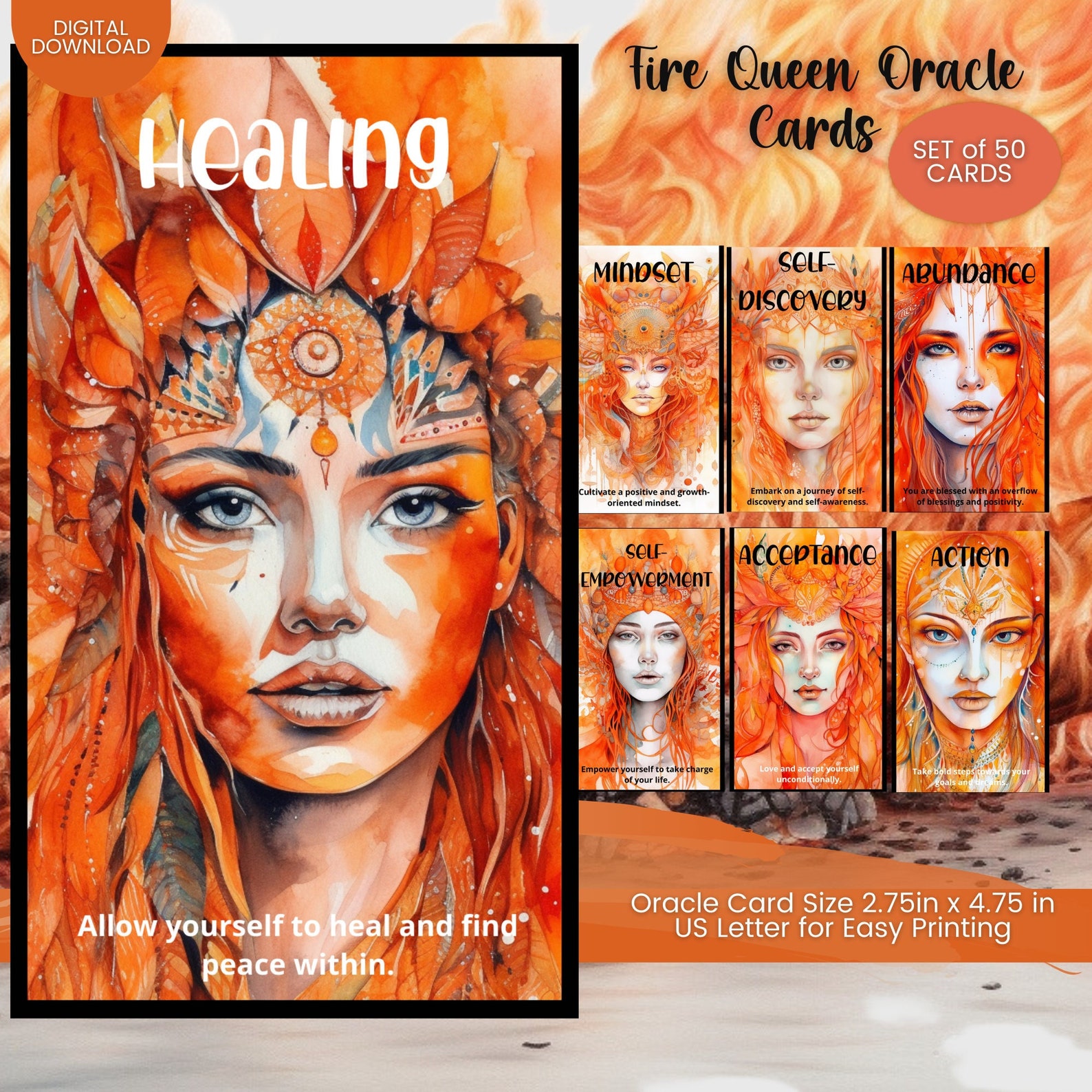 PRINTABLE CARD Deck, Spiritual Women, Fire, Queen, Oracle Cards, Tarot ...