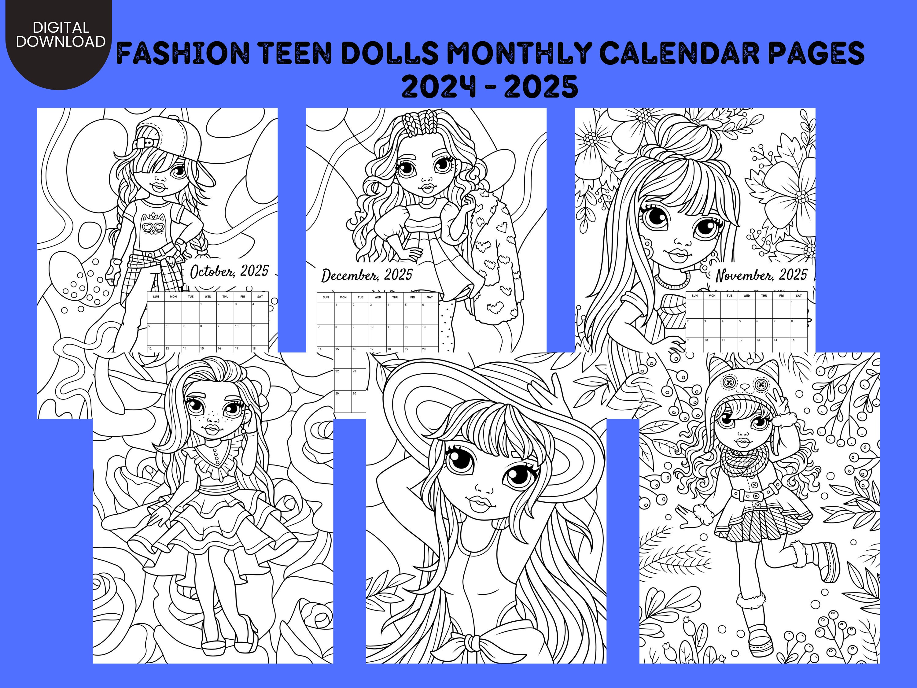 Fashion Teen Dolls Coloring Planner 2024-2025 Monthly Planner Unique ...