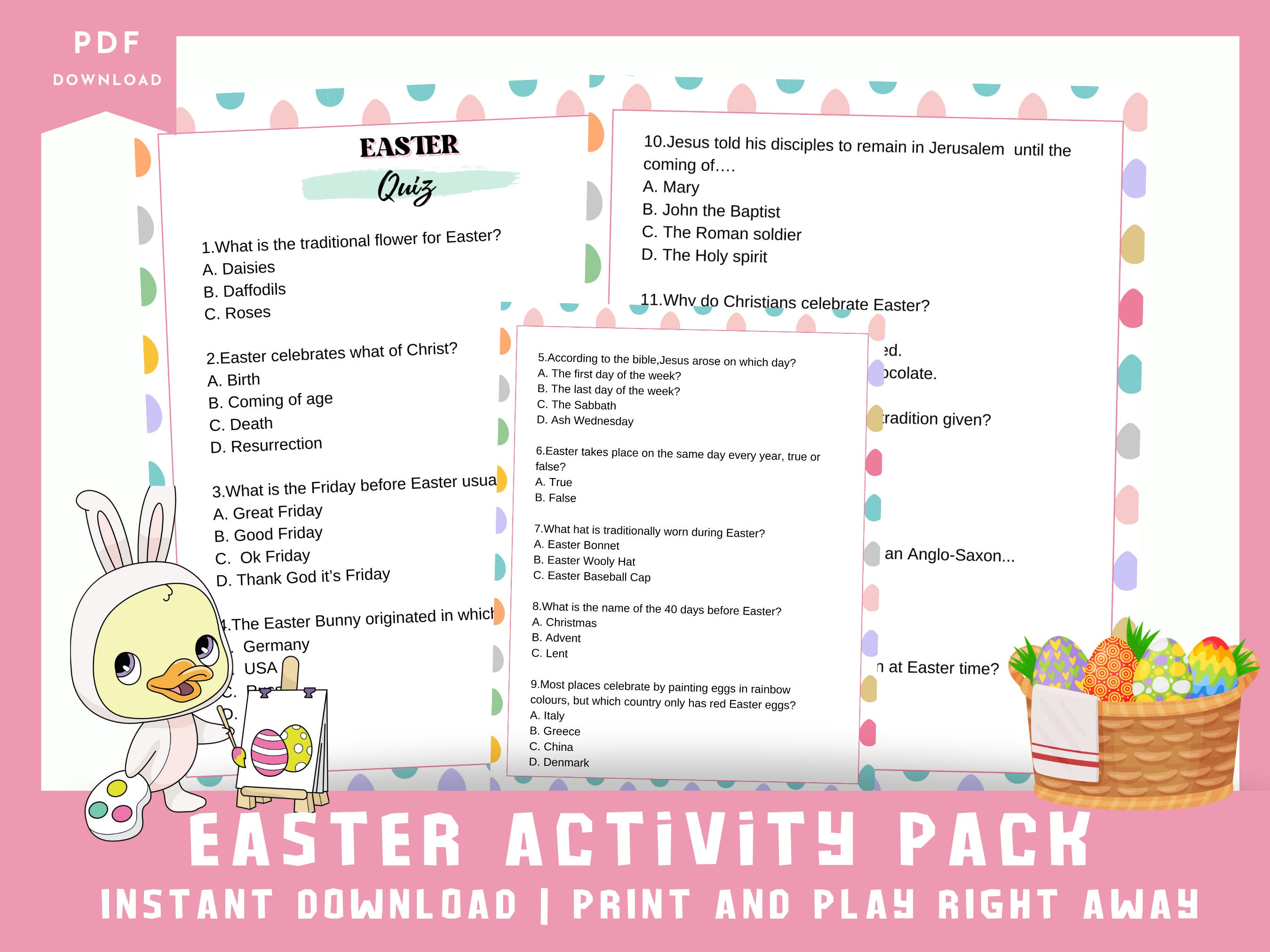 Easter Activity Sheet Set, Printable Activity Pages, Easter Trivia ...