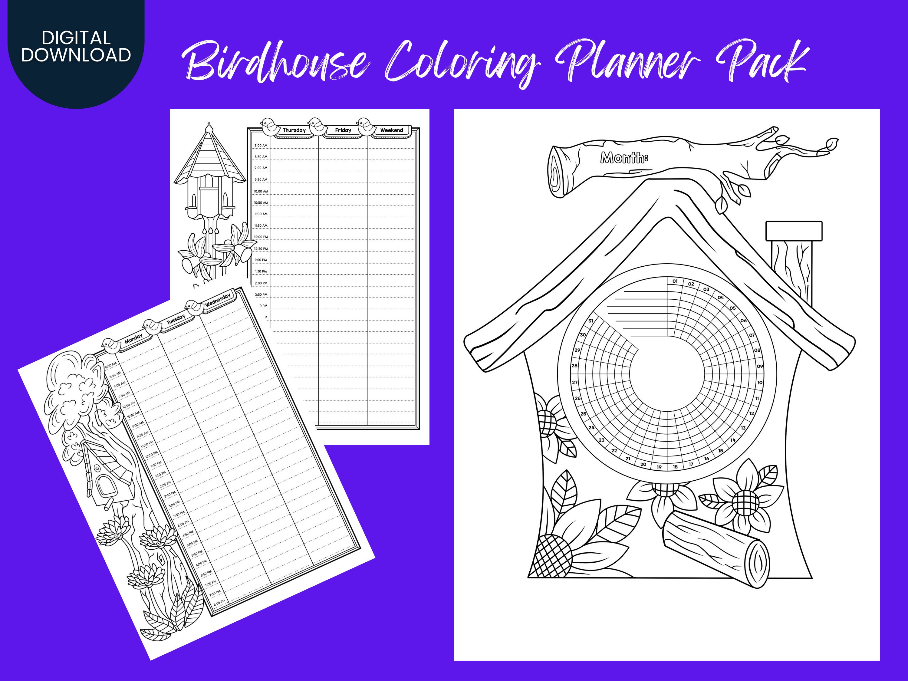 Birdhouse-themed Coloring Planner, Monthly Planner, Weekly Planner ...