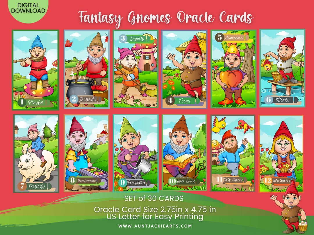 PRINTABLE CARD Deck, Fantasy Gnomes. Oracle Cards, Tarot Sized Cards, 2 ...
