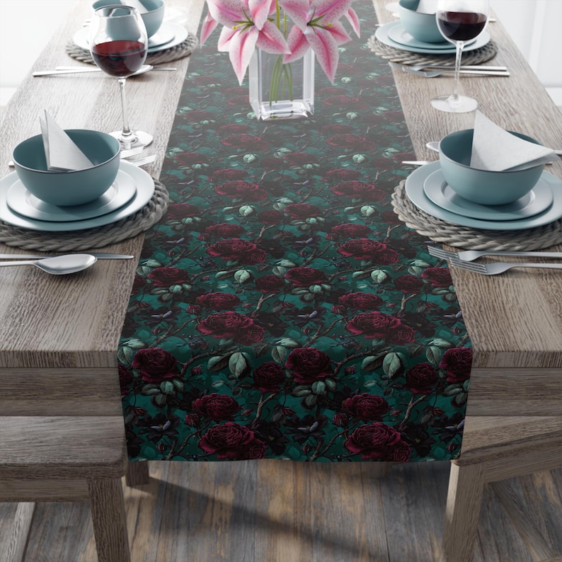 Gothic Crimson Rose Table Runner, Dark Academia Victorian Dining Linen ...