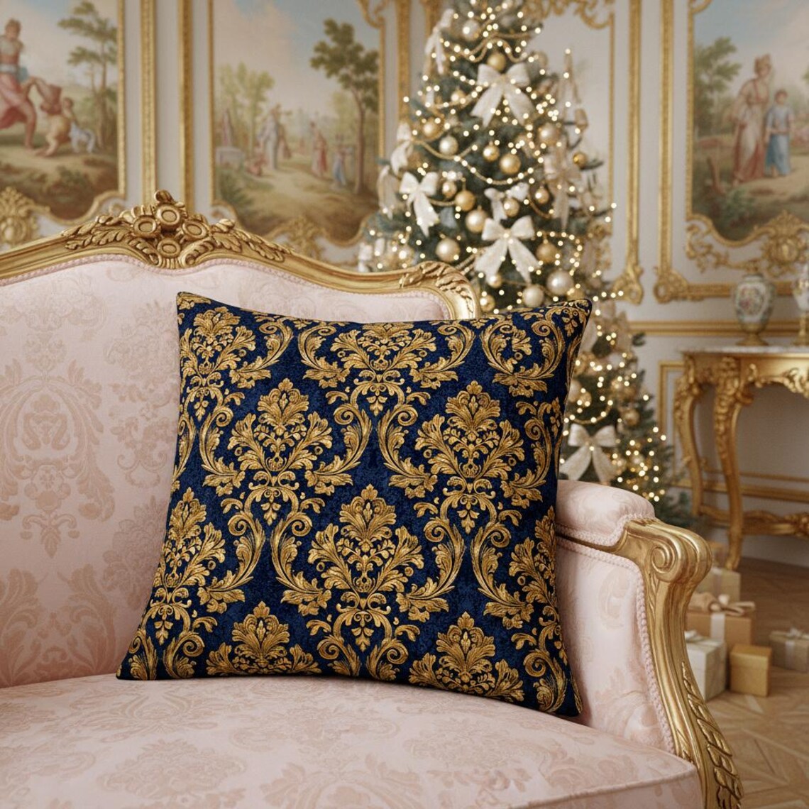 Gold Filigree Damask Pillow, Regal Baroque Navy Cushion, Rococo ...