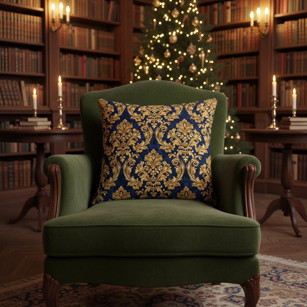 Gold Filigree Damask Pillow, Regal Baroque Navy Cushion, Rococo ...