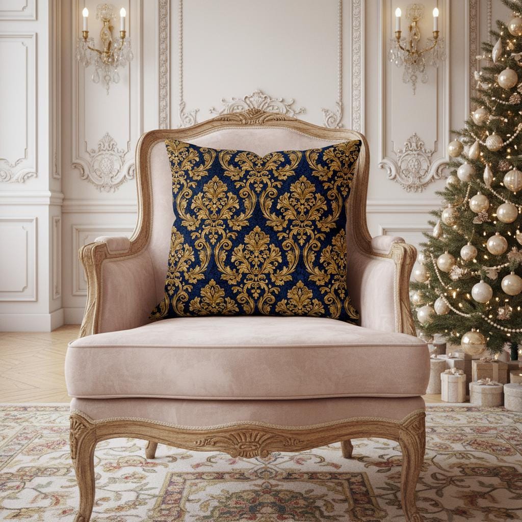 Gold Filigree Damask Pillow, Regal Baroque Navy Cushion, Rococo ...