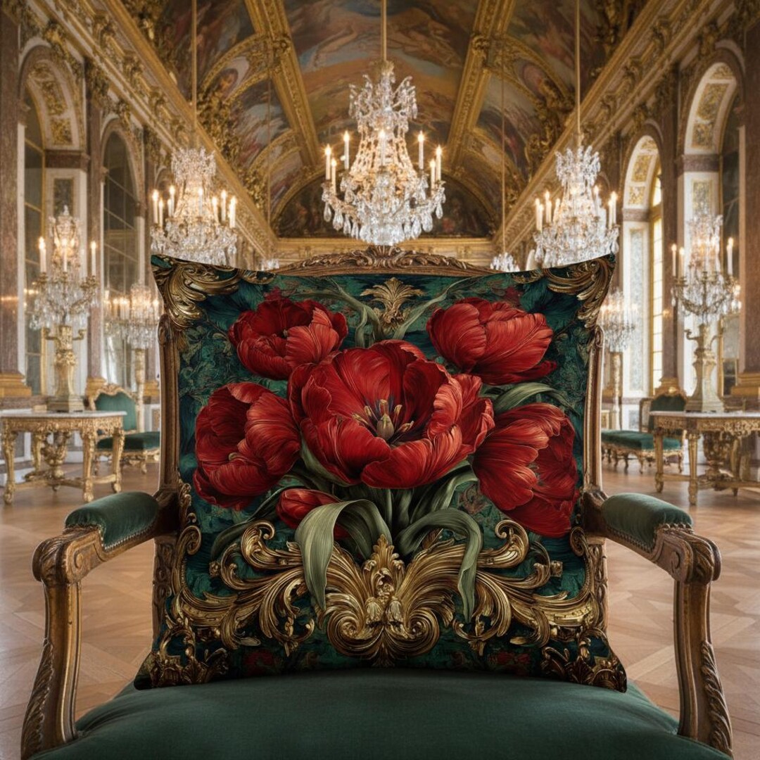 Passion Tulips Baroque Pillow • Red Floral Cushion • Romantic Heritage ...