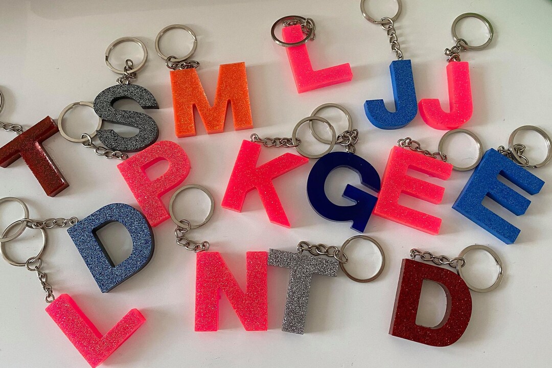 Initial Letter Glitter Personalised Resin Handmade Keyrings Christmas Gift, Stocking Filler ...
