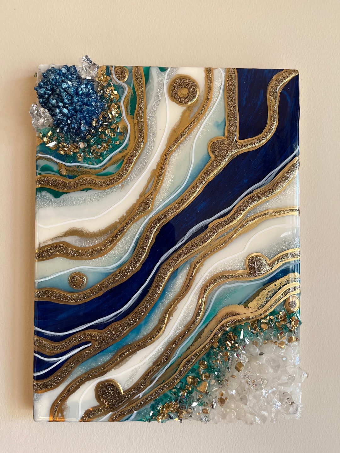 Resin Geode Art, White, Blue and Gold Geode Resin Painting. Modern Wall ...