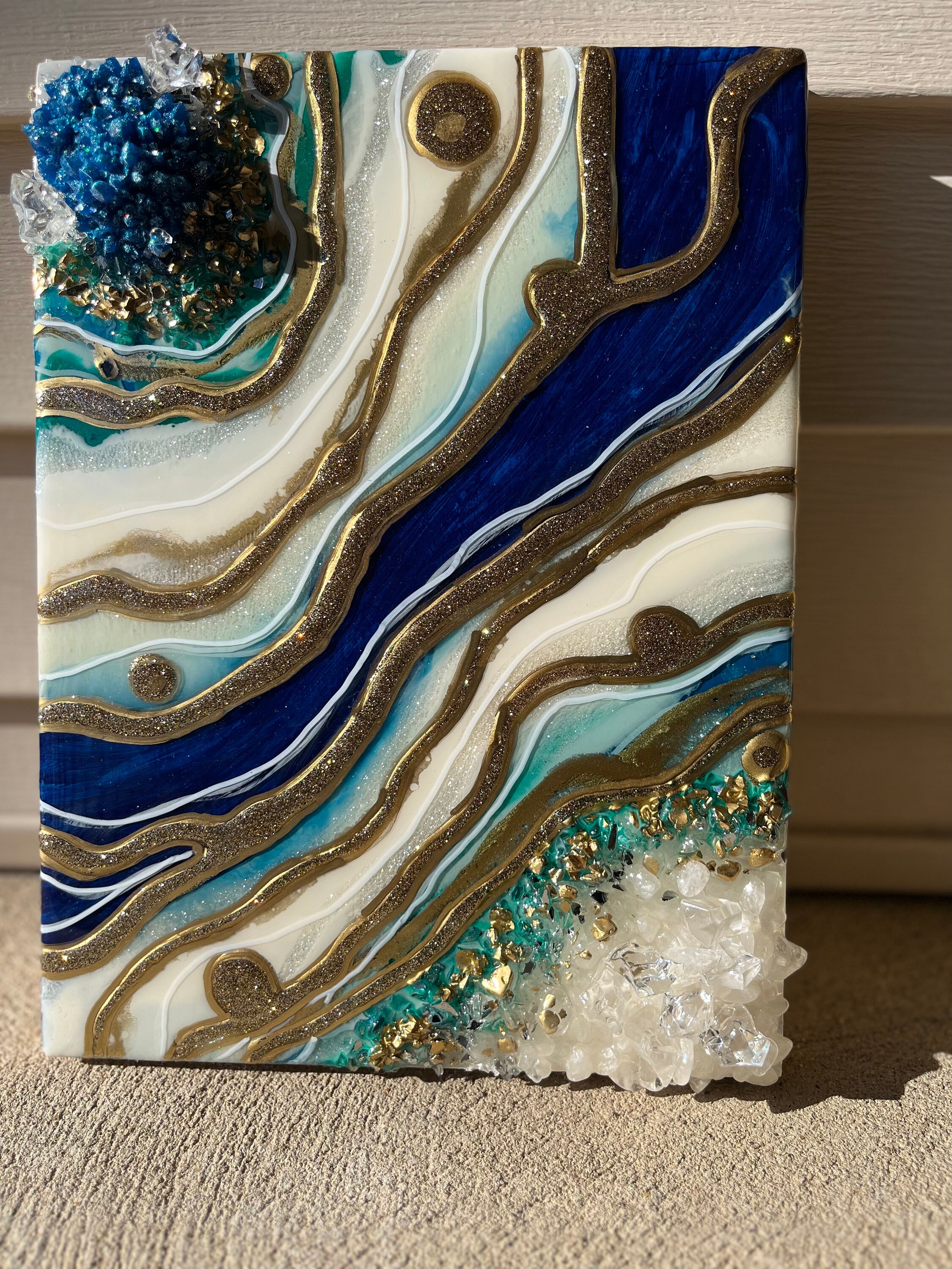 Resin Geode Art, White, Blue and Gold Geode Resin Painting. Modern Wall ...