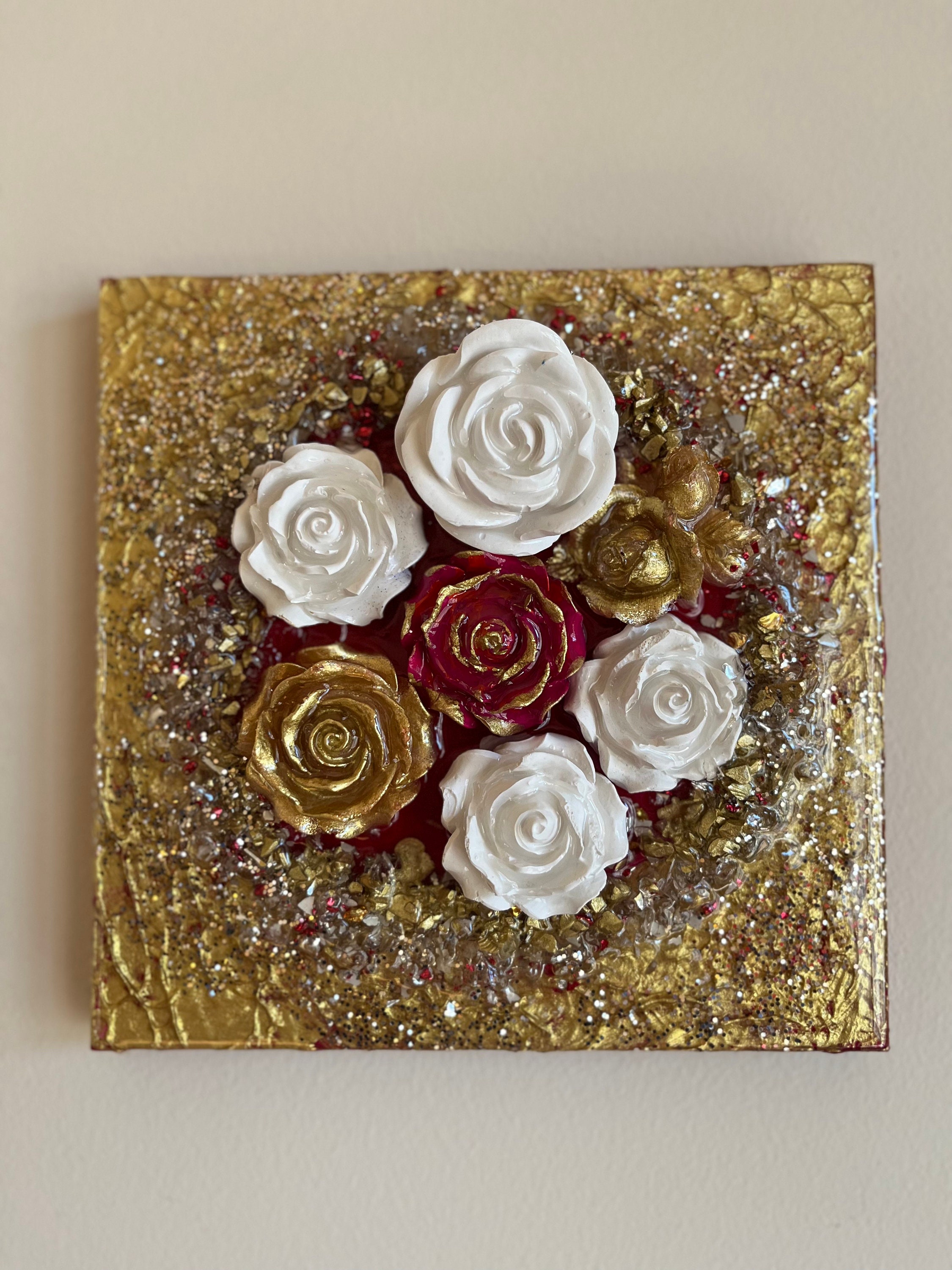 3D Resin Geode Art, Roses, Flowers, Leaves , White, Red, Golden Geode ...