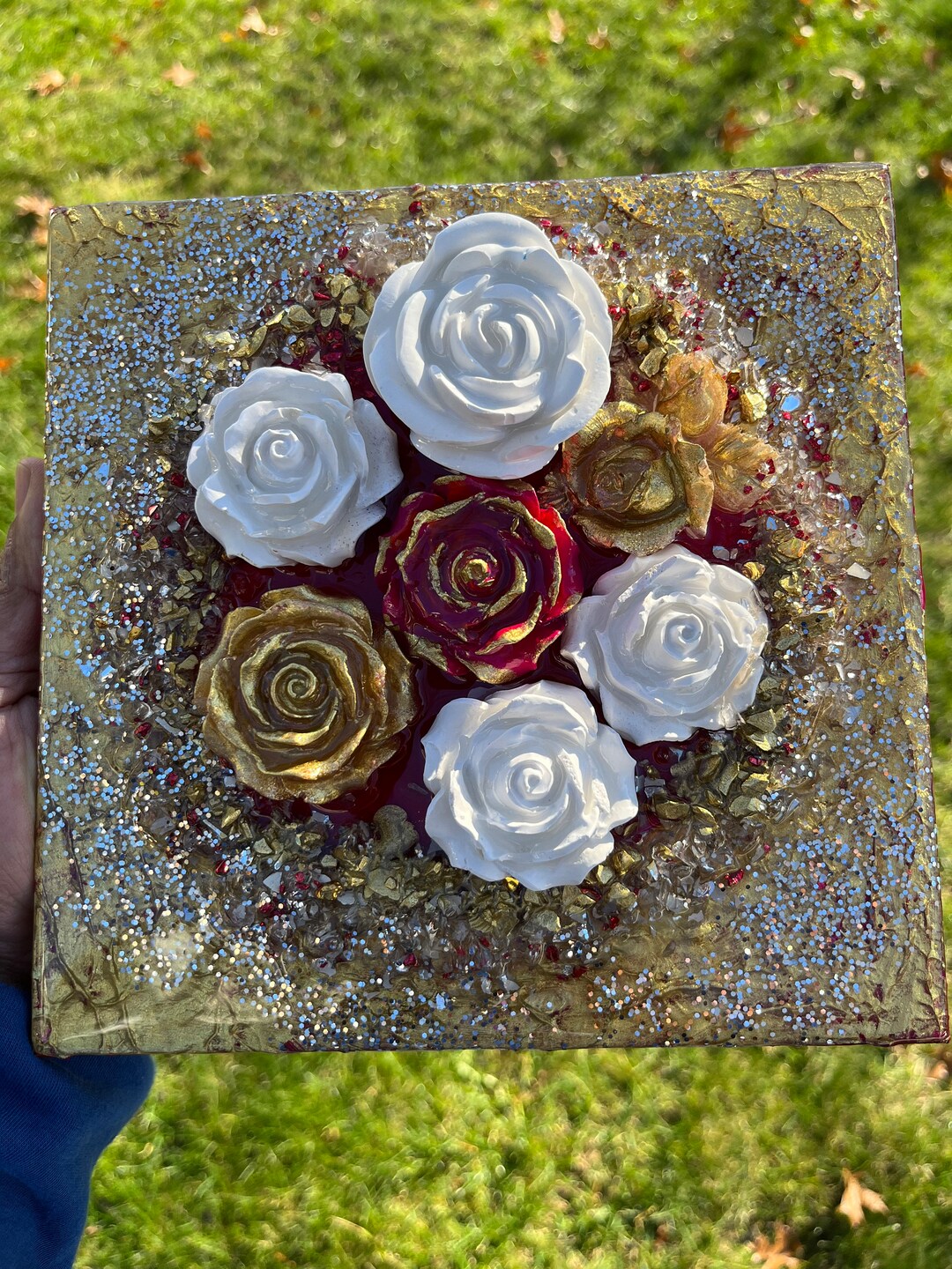 3D Resin Geode Art, Roses, Flowers, Leaves , White, Red, Golden Geode ...