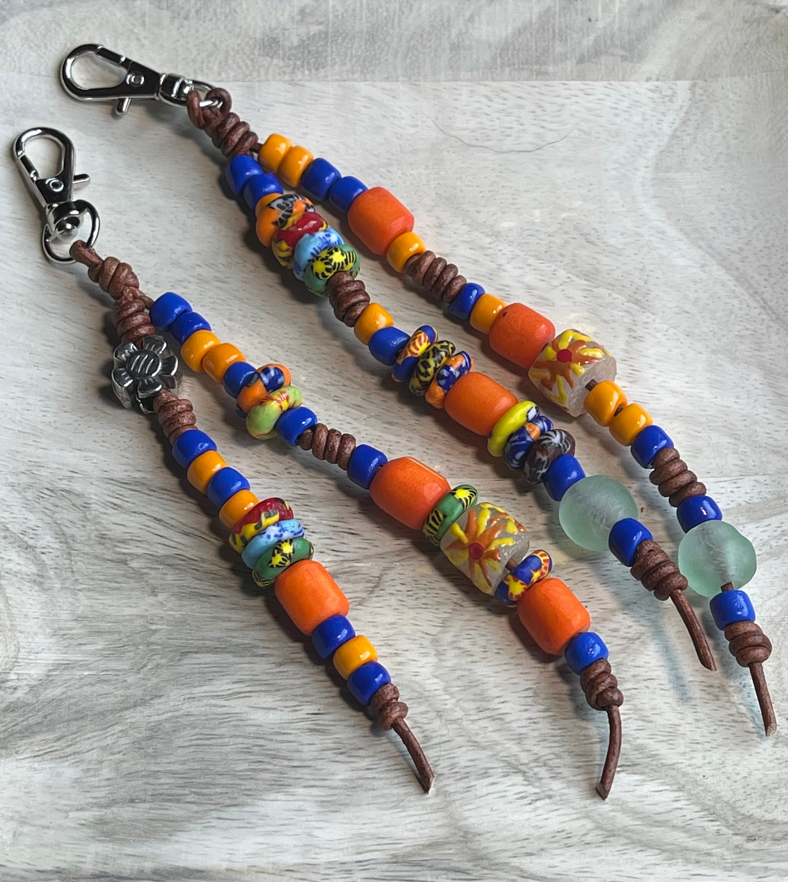 African Trade Bead Leather Key Chain, Beaded Key Fob, Handbag Charm ...