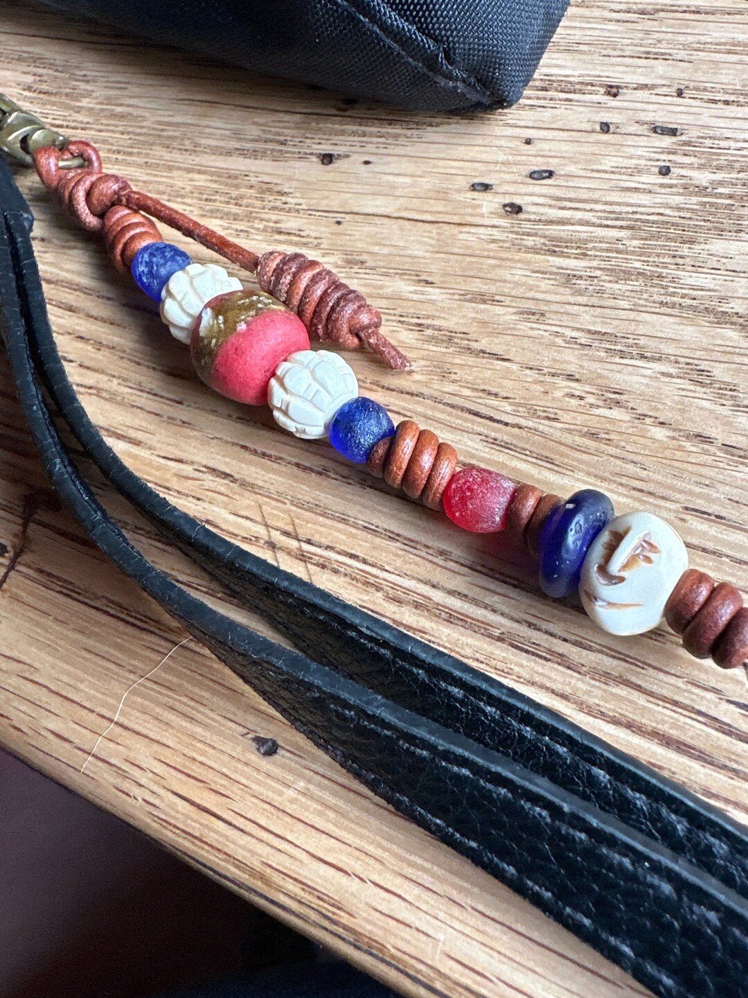 African Trade Bead Leather Key Chain, Beaded Key Fob, Handbag Charm ...