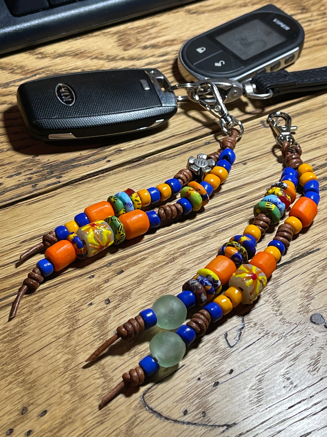African Trade Bead Leather Key Chain, Beaded Key Fob, Handbag Charm ...