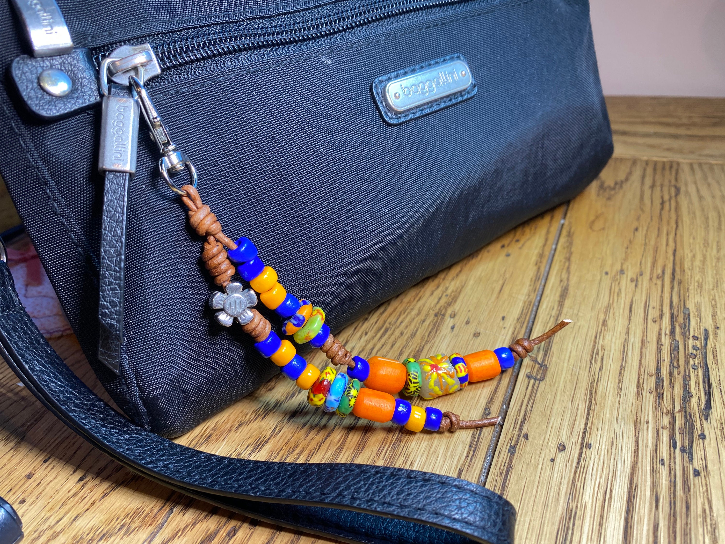 African Trade Bead Leather Key Chain, Beaded Key Fob, Handbag Charm ...