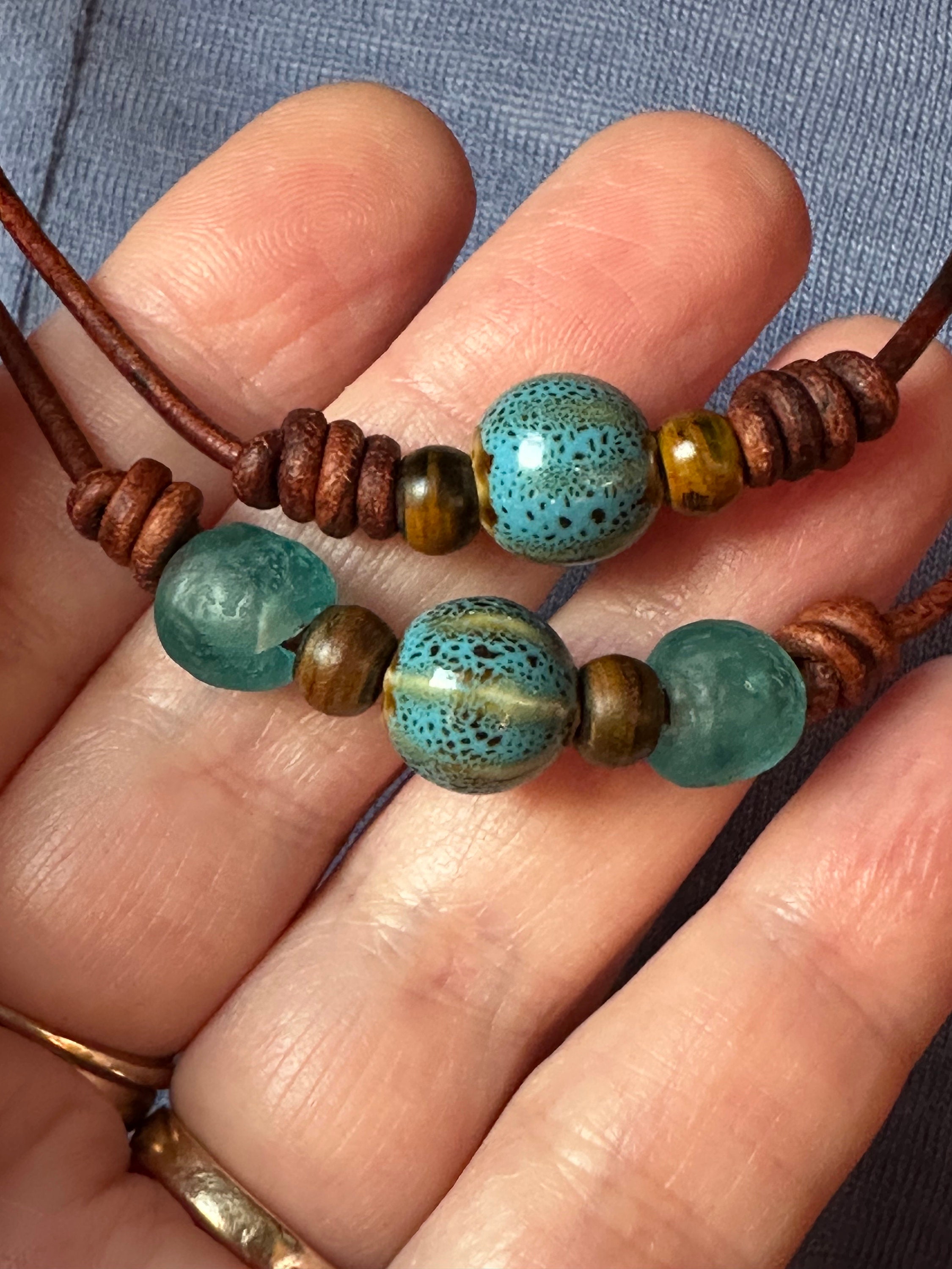 Green Beaded Choker, Boho Hippie Leather Choker & Earrings, Necklace ...