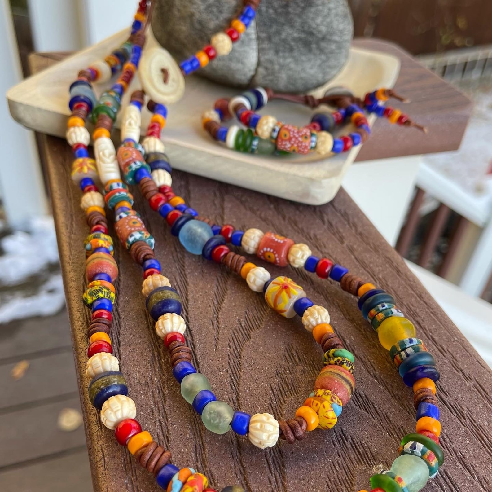 African Trade Bead Necklace and Bracelet Set, Statement Jewelry ...