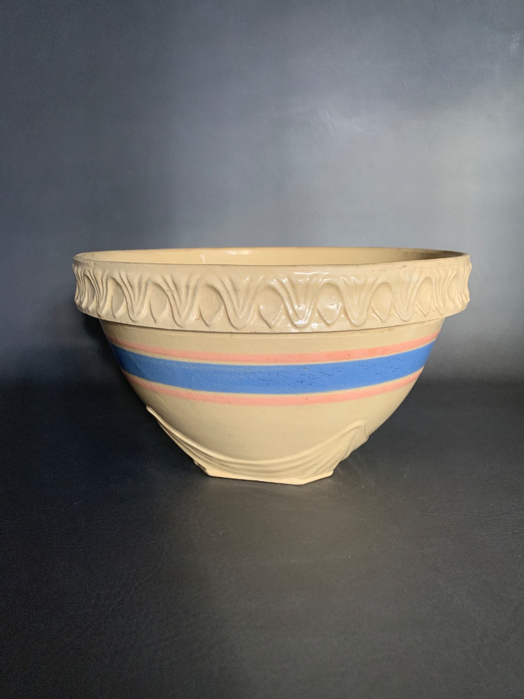 Vintage Large Yelloware Mixing Bowl Pink & Blue Stripe Thick ...