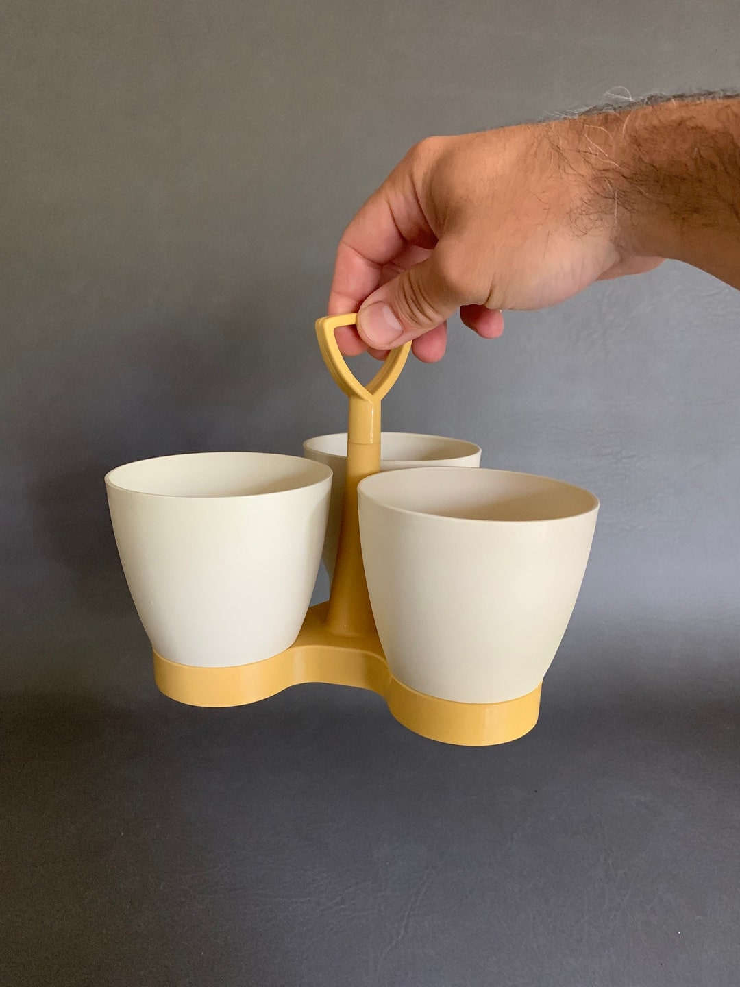 Vintage TUPPERWARE 3 Sauce Caddy Yellow Taupe Spoon Cookout Picnic Pool ...