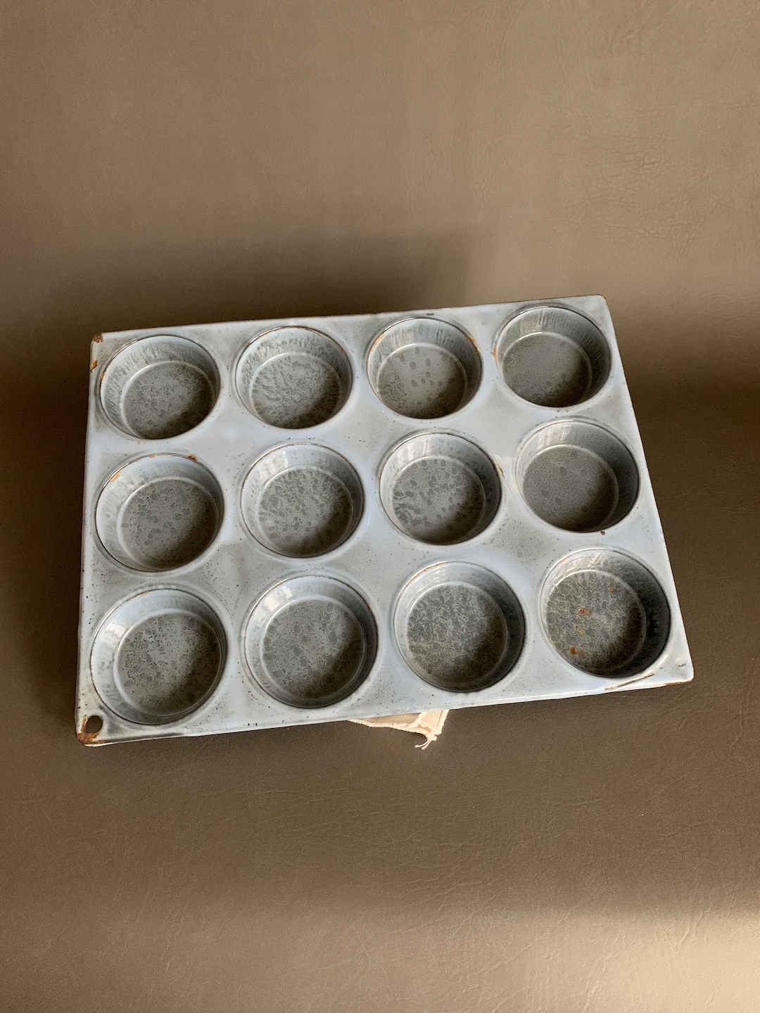 Enamel Muffin Baking Pan Biscuit Shallow Cupcake Vintage Grey Enamel ...