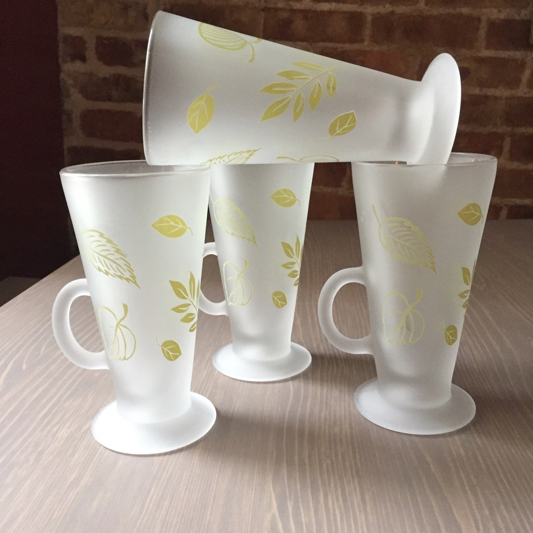 Libbey Frosted Mint Green Painted Leaf Irish Coffee Footed Glasses v ...