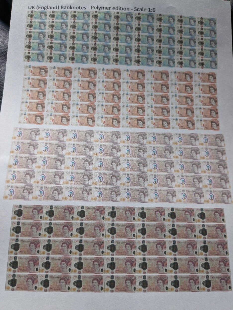Printable UK Banknotes for 1:6 Scale Dolls and Action Figures 5, 10, 20 ...