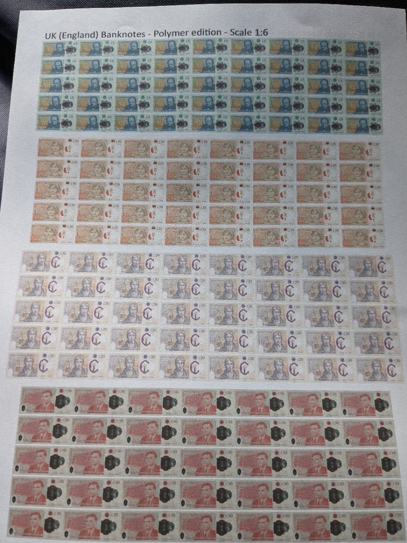 Printable UK Banknotes for 1:6 Scale Dolls and Action Figures 5, 10, 20 ...