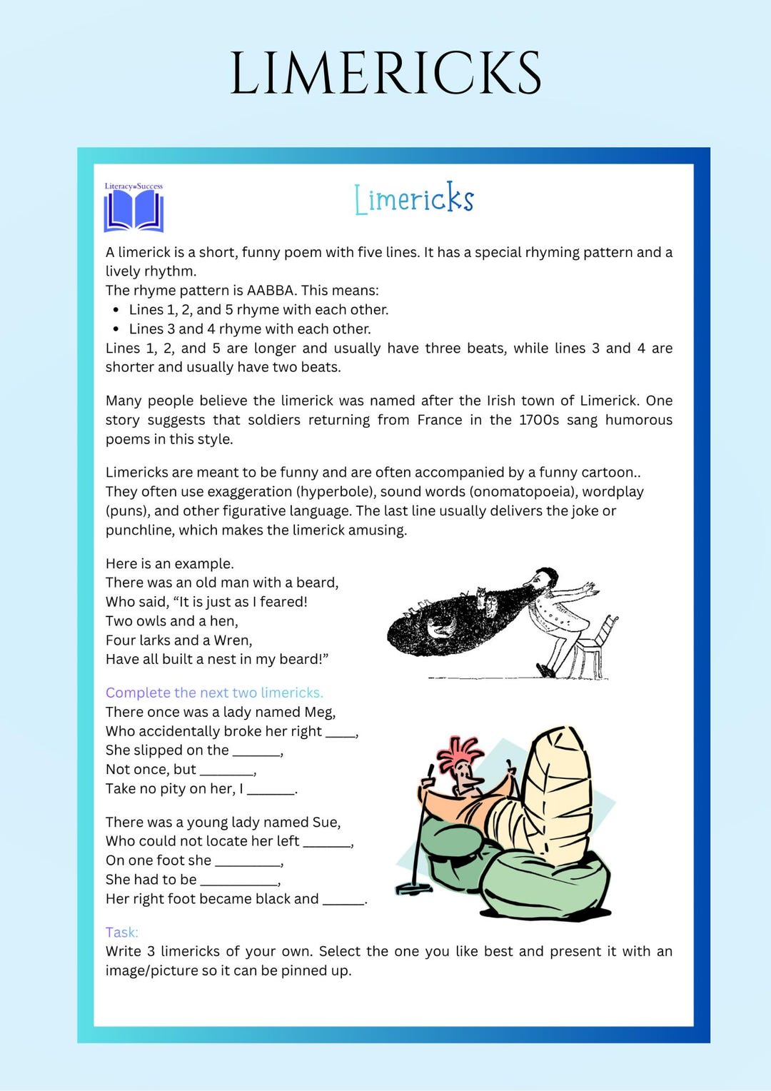 Limerick Worksheet | Poetry Writing Activity | ELA Printable | Rhyming ...