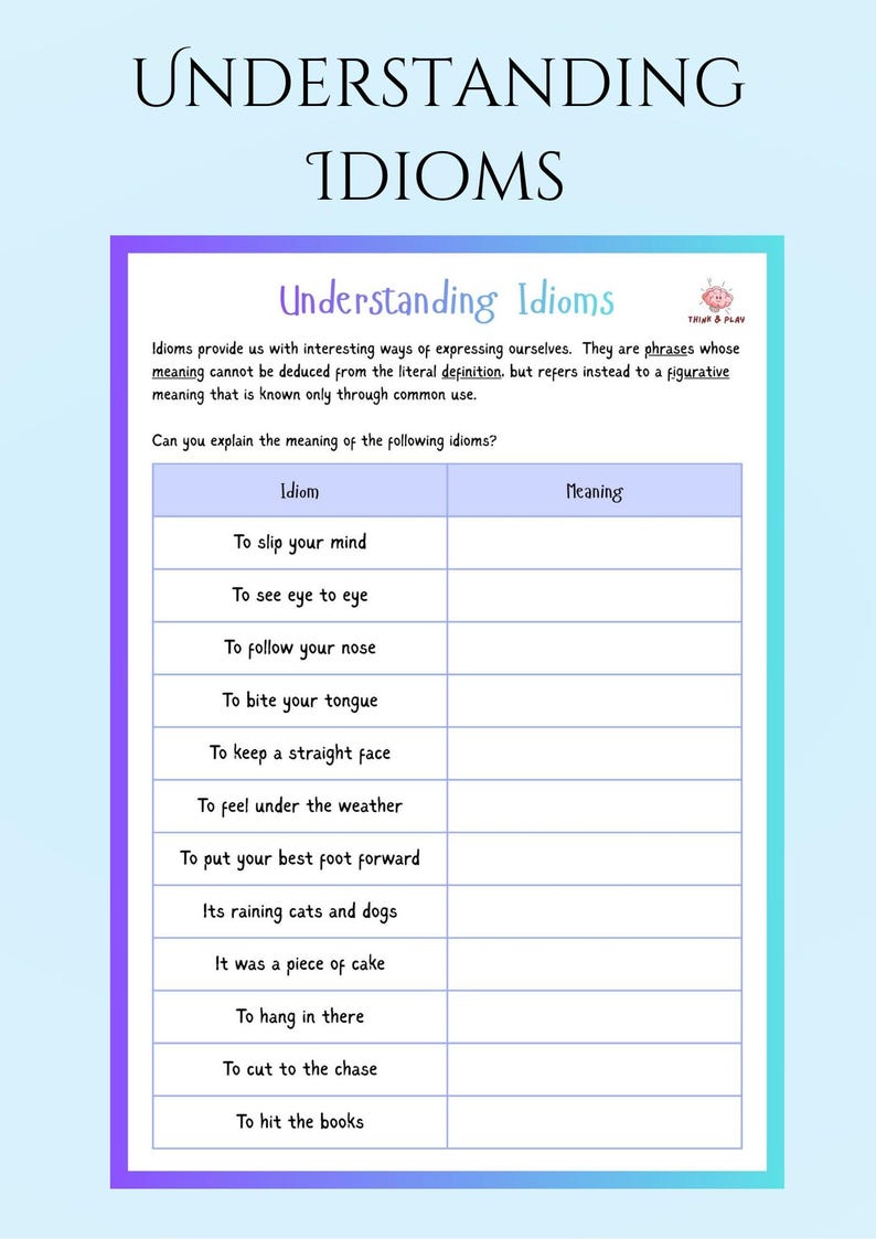 Understanding Idioms – Printable Literacy Resource - Etsy