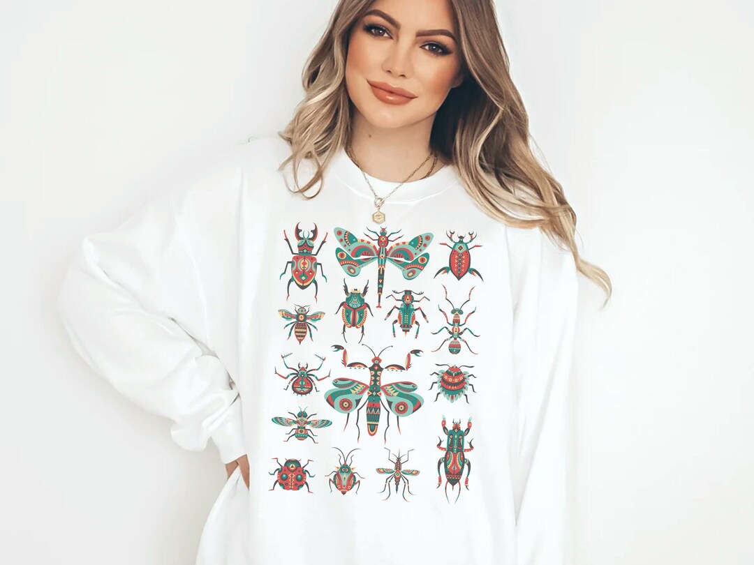 Colorful Folk Art Insect Pattern Sweatshirt Boho Nature Cottagecore Bug ...
