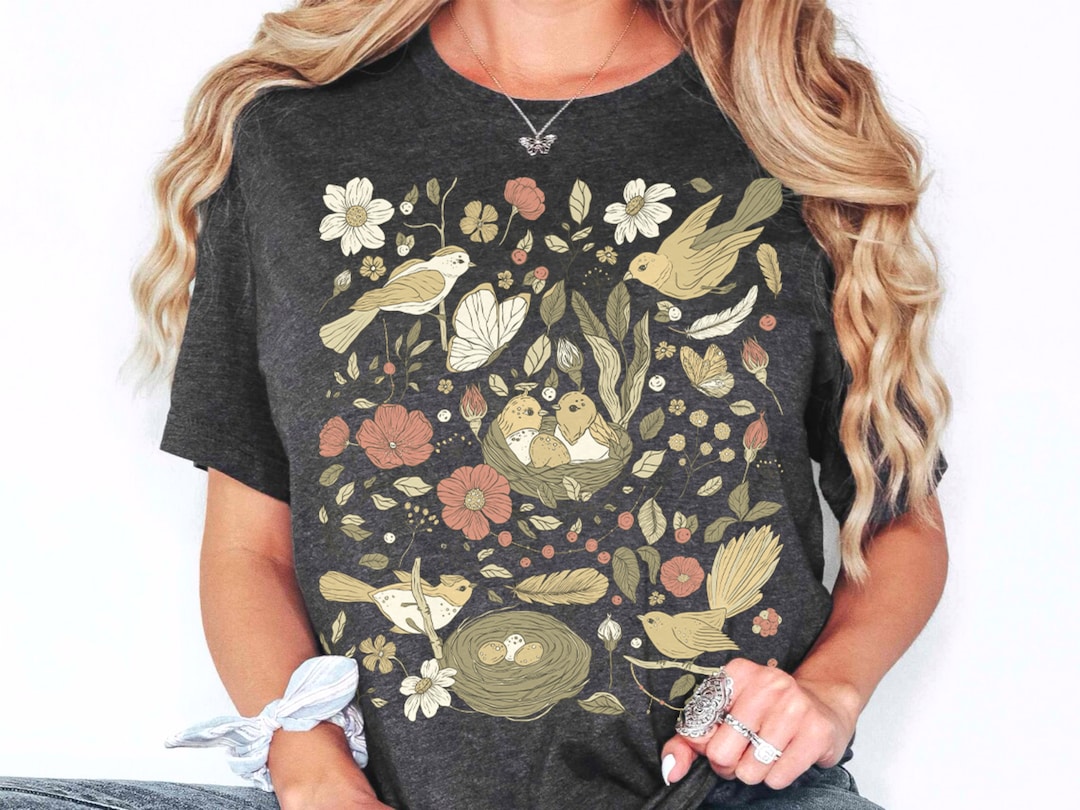Whimsical Wildlife Nature Cottage Core Floral Bird Shirt Rustic Boho ...