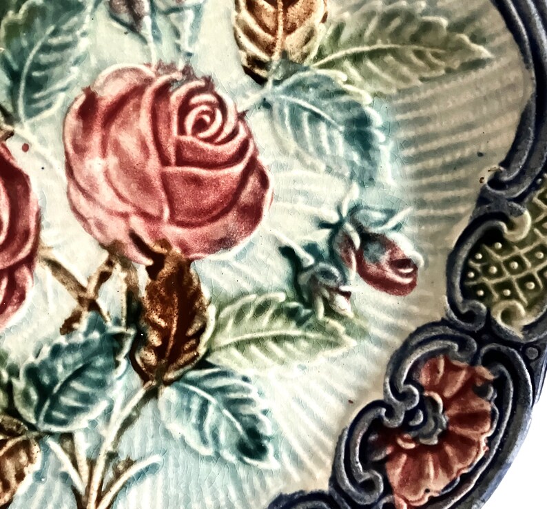 Antique Victorian Majolica Rose Plate - Etsy