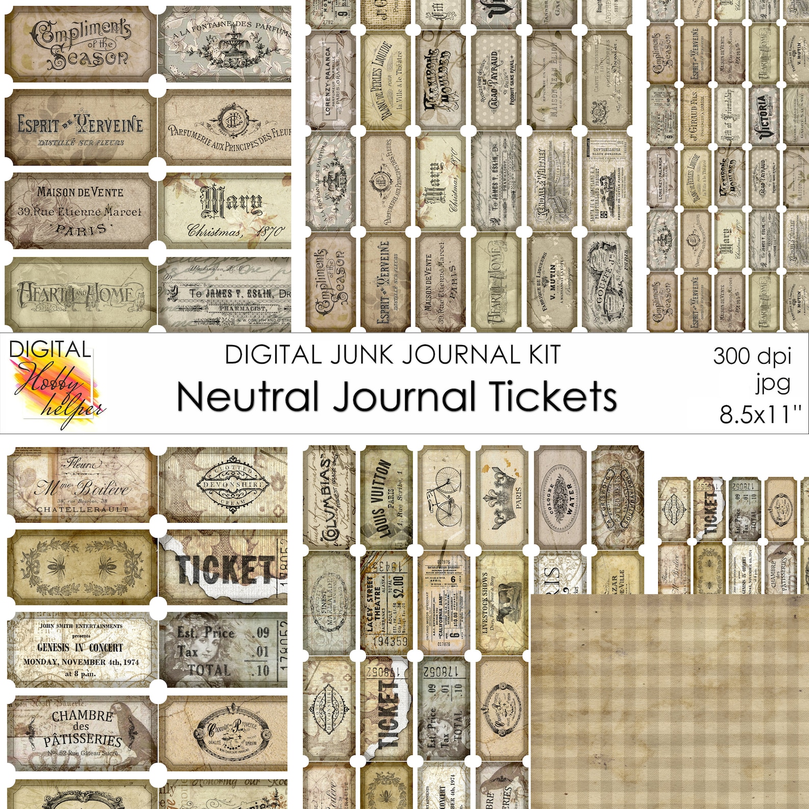 Neutral junk journal tickets printable ephemera pack 3 sizes | Etsy