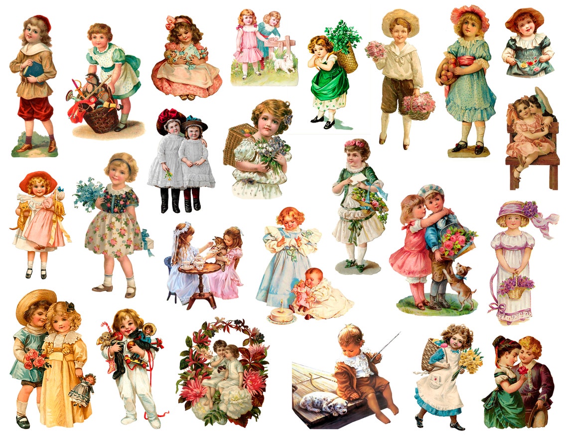 Vintage children Printable stickers pack Digital collage | Etsy