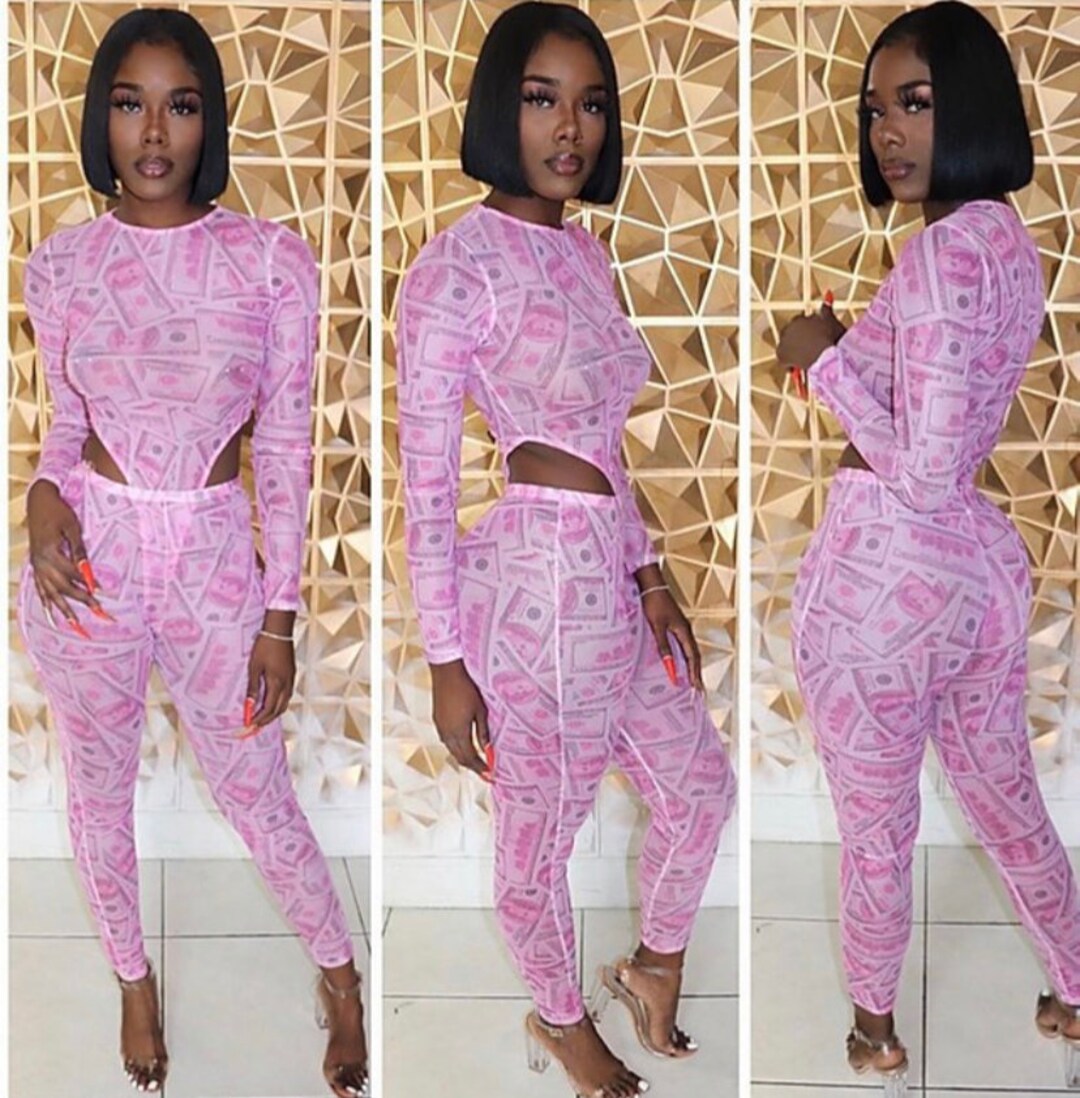 Pink Dollaz Set Mesh Print Night Club Long Sleeve Bodysuit & Pants 2 ...