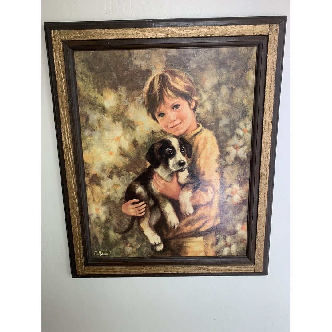 Vtg 70s C. Mitchell Boy With Puppy Dog Framed Farmhouse Art - Etsy
