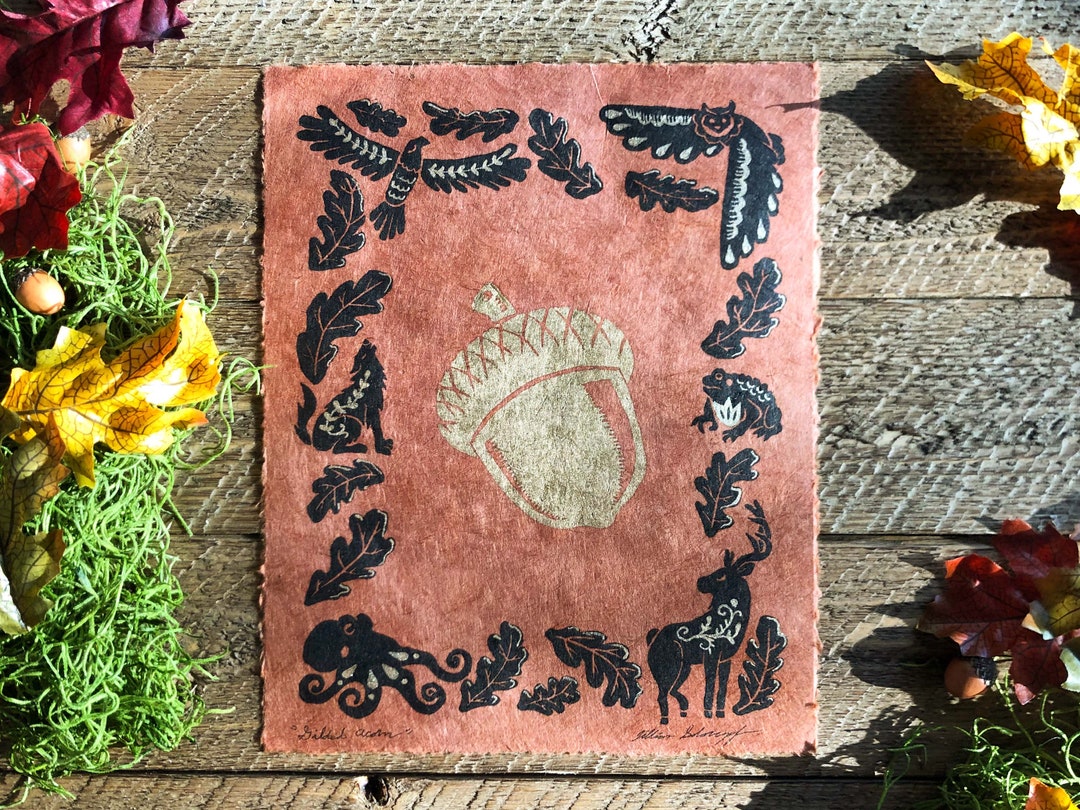 Gilded Acorn Original Hand-carved Linocut Print - Etsy