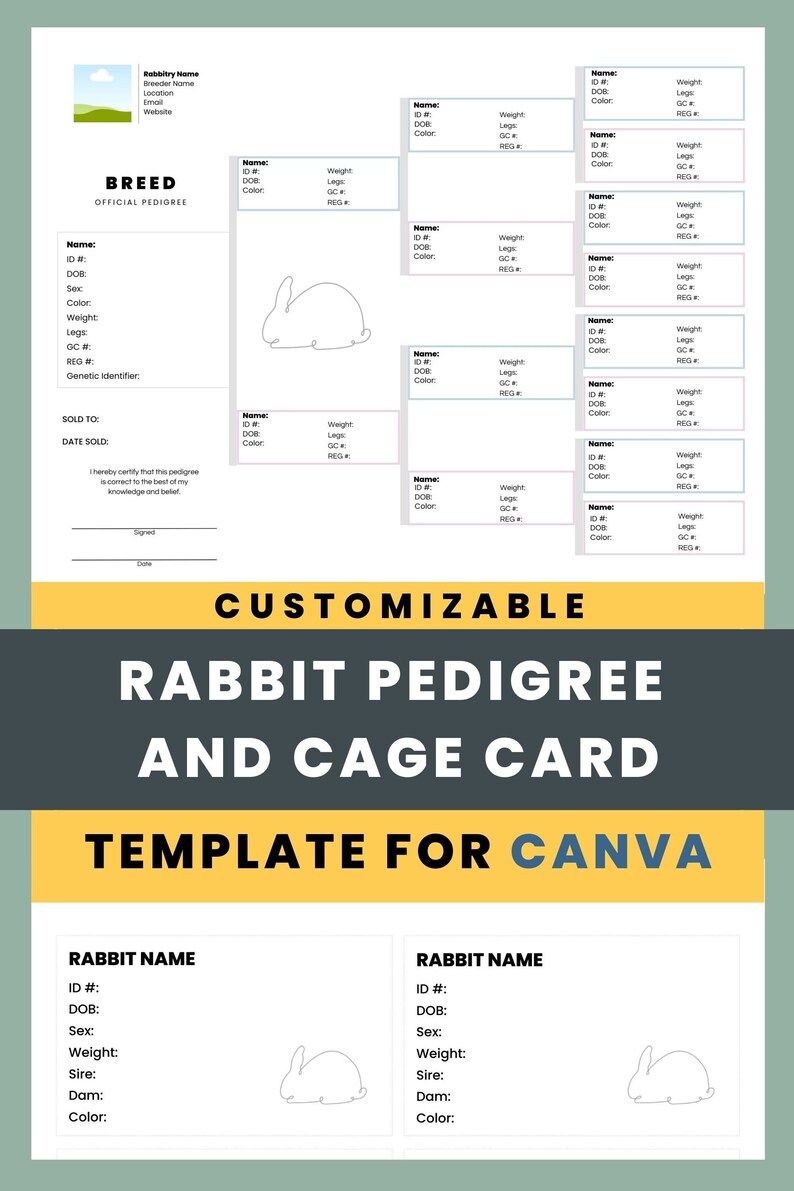Customizable Rabbit Pedigree and Cage Card for Rabbitry Record Keeping ...
