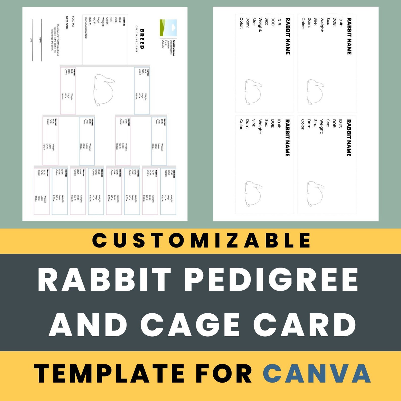 Customizable Rabbit Pedigree and Cage Card for Rabbitry Record Keeping ...