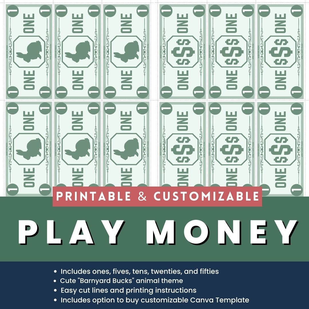 Customizable Play Money Printable + Canva Template | Barnyard Bucks - Etsy