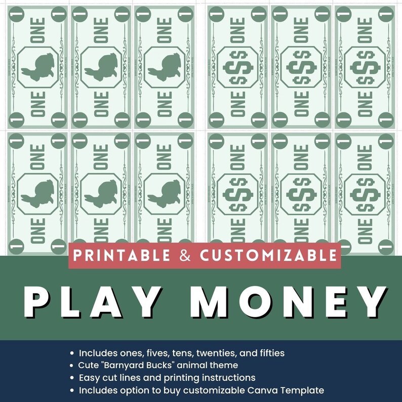 Customizable Play Money Printable + Canva Template | Barnyard Bucks - Etsy